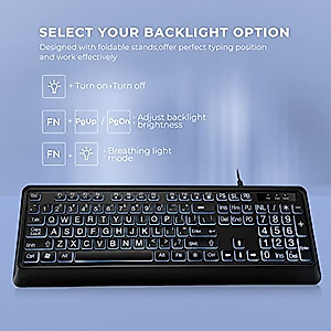 KOPJIPPOM Large Print Backlit Keyboard, Quiet USB Wired Computer Keyboard, Full Size Keyboard with White Illuminated LED Compatible for Windows Desktop, Laptop, PC, Gaming, Black