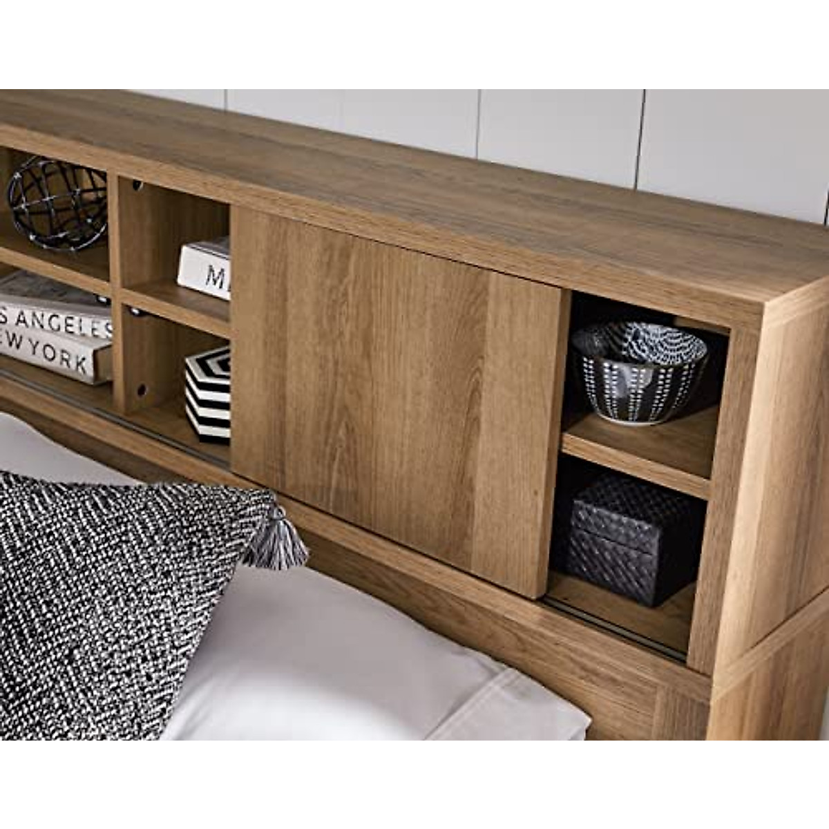 Signature Design by Ashley Thadamere Rustic Storage Headboard with USB Ports, King/California King , Light Brown