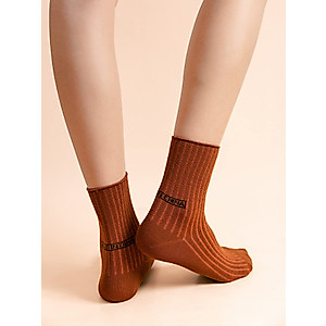 SHENHE Women's 5 Pairs Ribbed Knit Athletic Running Cushioned Mid Calf Crew Socks Multicolor Brown One Size