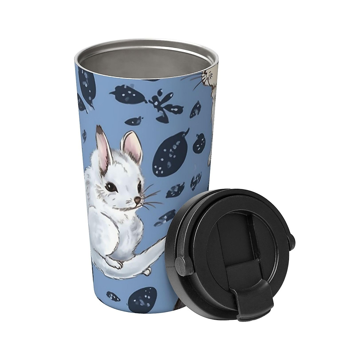 GHBNK Blue Chinchillas And Moon Travel Coffee Mug Stainless Steel Insulated Coffee Mug Double Wall Travel Coffee Cup Reusable Insulated Tumbler with Lid for Iced and Hot Drinks