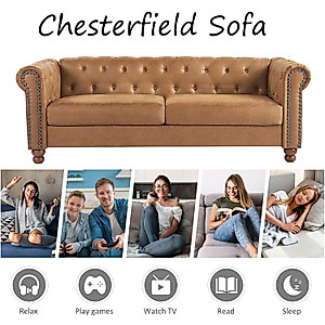 LAVHOME Chesterfield 3 Seater Velvet Button Tufted Sofa, Upholstered Couch with Nailhead Arms Solid Wood Legs for Living Room Office Bedroom Apartment (Brown)