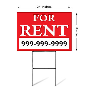 SignPro For Rent Yard Sign | For Rent CUSTOMIZABLE Yard Sign | For Rent Sign | 24" x 18" Corrugated Plastic Yard Signs with H Stakes | Double Sided (1)