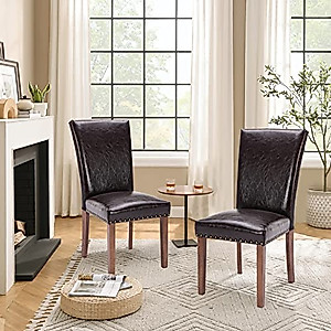 PU Leather Dining Chairs Set of 2, Upholstered Parsons Dining Room Kitchen Side Chair with Nailhead Trim and Wood Legs - Dark Brown