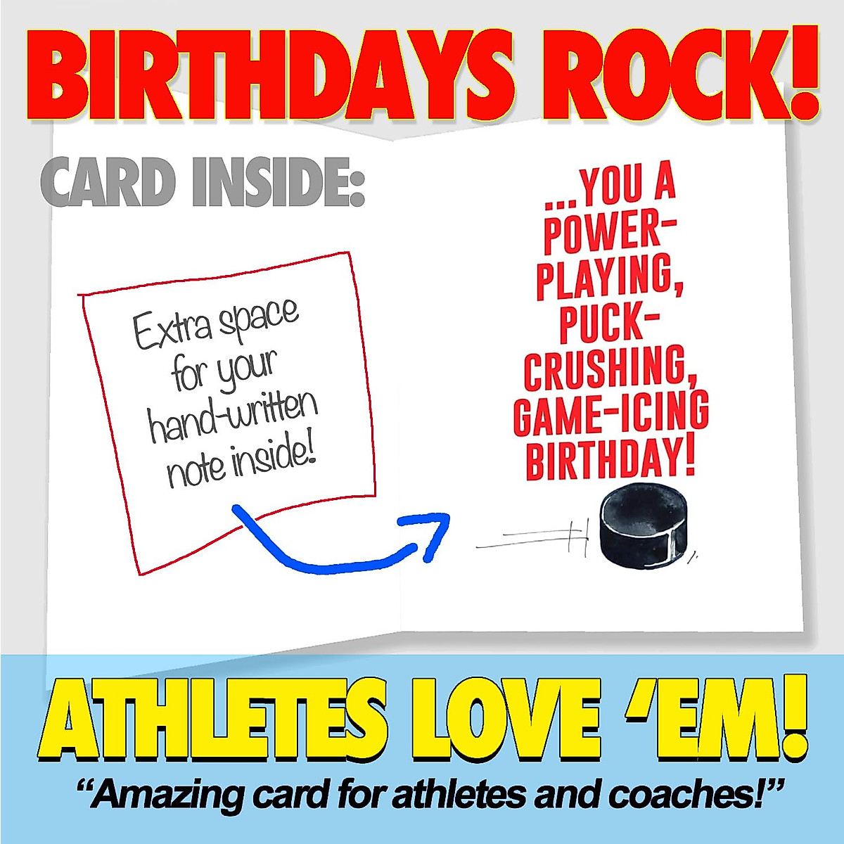 Play Strong Hockey Birthday Card 1-Pack (5x7) Power Player Illustrated Sports Birthday Cards Greeting Cards- Awesome for Hockey Players, Coaches and Fans Birthdays, Gifts and Parties!