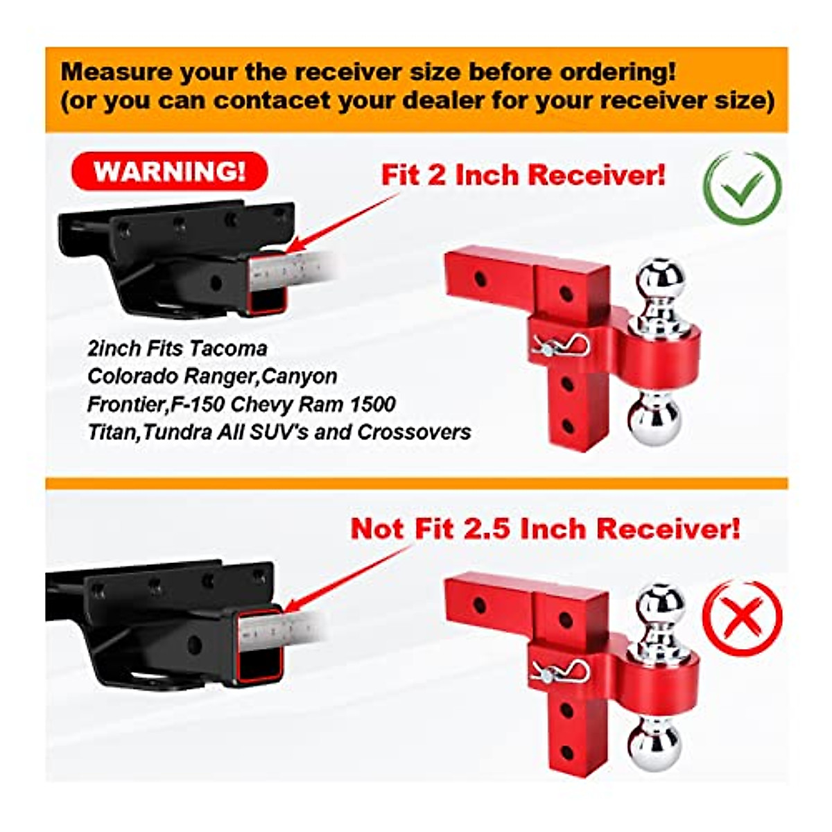 Kamivovo Adjustable Trailer Hitch, Fits 2-Inch Receiver, 6-Inch Drop Hitch, Tow Hitch Aluminum Forged Shank, 2 Inch & 2-5/16 Inch Balls with Double Lock Pins (Red)