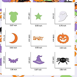 Halloween Baby Shower Confetti Orange Purple Green Black Party Table Scatter Confetti Baby Wear Spider Pumpkin Bat Hat Ghost Moon Star Table Decor for Halloween Baby Shower Party 200 PCS
