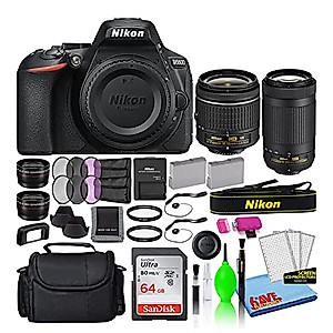 Nikon D5600 24.2MP DSLR Digital Camera with 18-55mm and 70-300mm Lenses (1580) Deluxe Bundle with 64GB SD Card + Large Camera Bag + Filter Kits + Spare Battery + Telephoto Lens (Renewed)