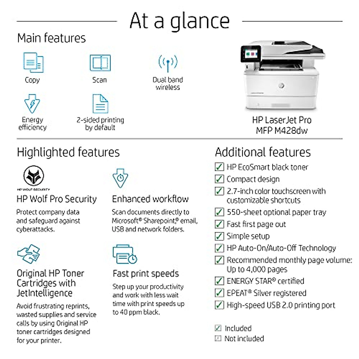 HP Laserjet Pro M428dw Wireless Multifunction Laser Printer with Simple Setup & Security Features (W1A28A)