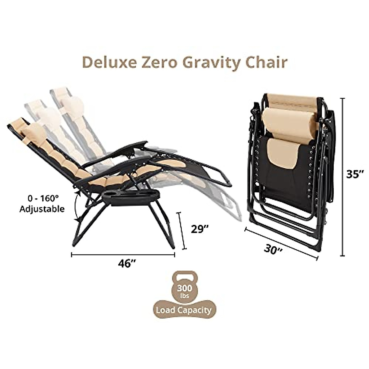 Naomi Home Oversized Zero Gravity Folding Lounge Chair, Padded Reclining Patio Chair with Adjustable Headrest and Cupholders, Recliner Beach Chairs for Adults Support 300lbs - Cream