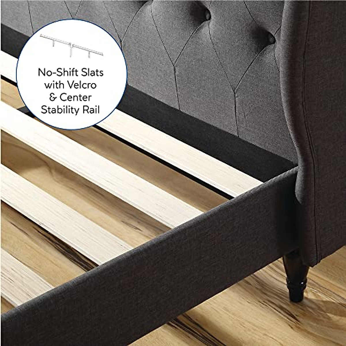 DeCoro Coventry Upholstered Platform Bed | Headboard and Metal Frame with Wood Slat Support | Grey, Queen Size