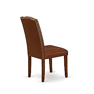 East West Furniture ANEN3-MAH-66 3Pc Rounded 36 Inch Dining Table And 2 Parson Chair With Mahogany Leg And Brown Flaux Leather, 3