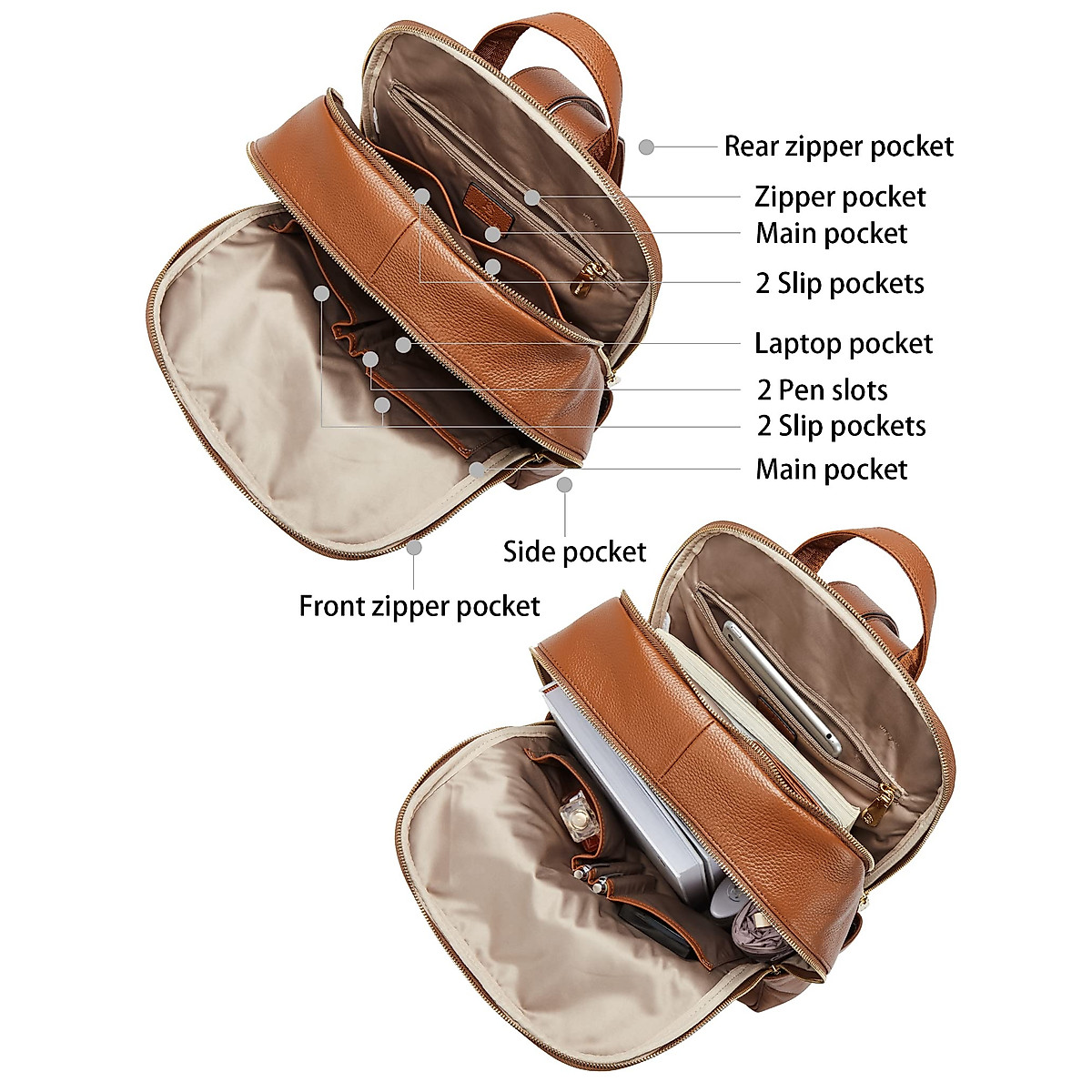 BOSTANTEN Genuine Leather 15.6 inch Laptop Backpack Purse for Women College Casual Backpack Travel Bag Daypack Brown