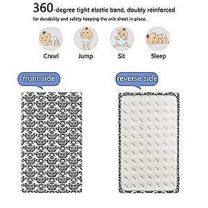 Damask Themed Fitted Crib Sheet,Standard Crib Mattress Fitted Sheet Ultra Soft Material - Great for Boy or Girl Room or Nursery,28“ x52“,White Black