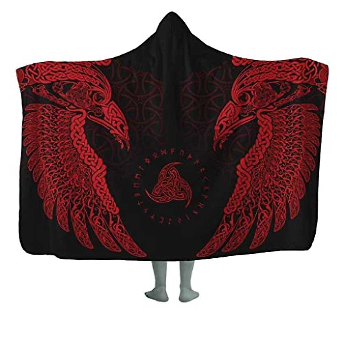 URGAID Norse Viking Odin's Raven Totem Hooded Blanket, Wearable Soft Cozy Flannel Cloak, Home Leisure Sofa Bedding Wrap Cape (Color : Red, Size : 150 x 200CM)
