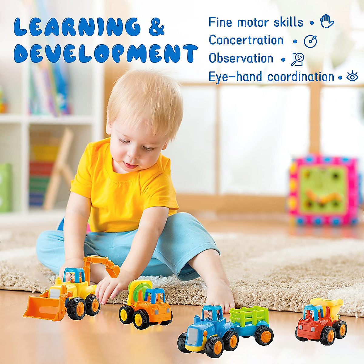 4 Pack Friction Powered Cars Set, Educational Vehicles Toy Gifts for Kids Toddler Baby 18 month +, Push and Go Bulldozer Tractor Dumper Cement Mixer Engineering Trucks Toys for Boys Girls Birthday