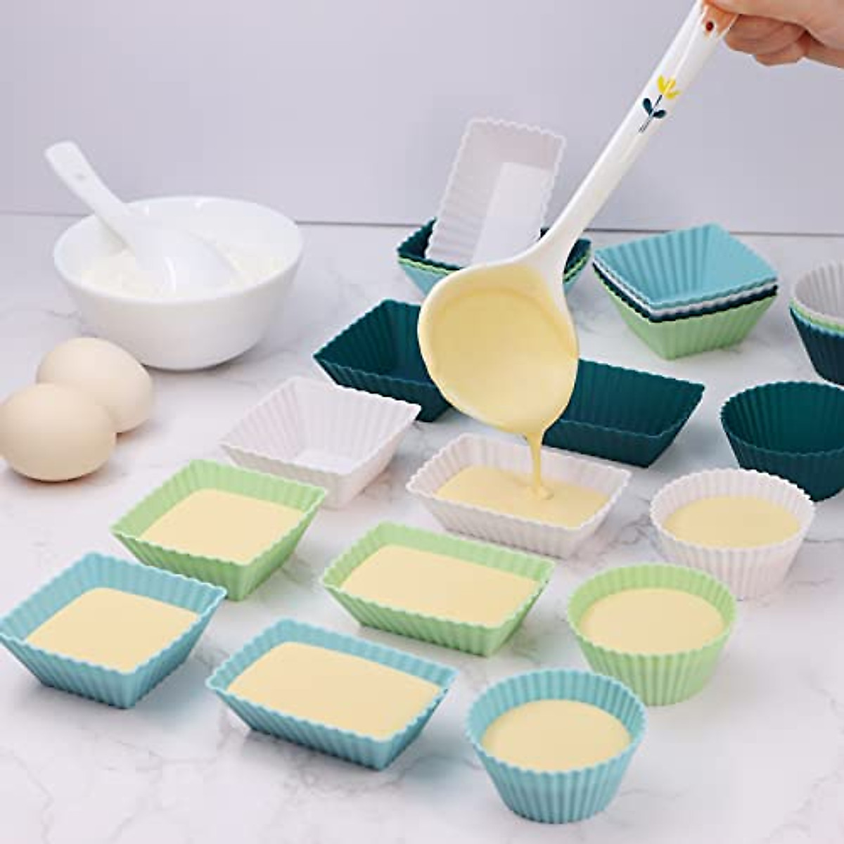 SAWNZC Silicone Cupcake Liners, 24pack Reusable Baking Cups, 3 Shapes Muffin Liners Pastry Cake Molds, Multicolor Bento Lunch Box Dividers