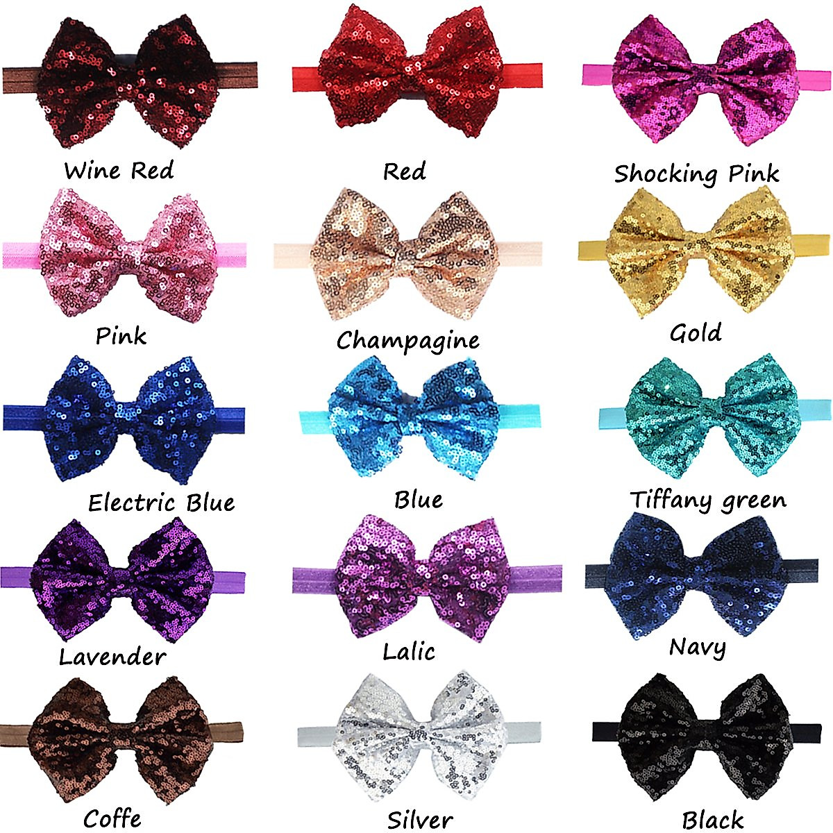 CÉLLOT 15pcs Baby Girl Headbands Sparkly Glitter Sequins 4" Big Hair Bows Ribbon Soft Stretchy Hair Bands for Infant Newborn and Toddlers