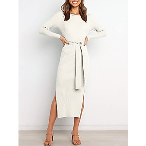 ANRABESS Womens Long Sleeve Sweater Dress Crew Neck Slim Fit Slit Tie Waist 2025 Ribbed Knit Bodycon Midi Dress Fall Outfits 623mibai-S White