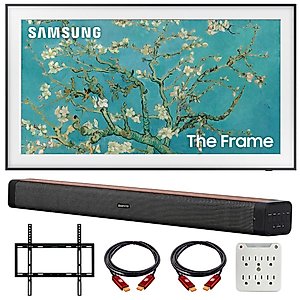 SAMSUNG QN32LS03CB 32 inch The Frame QLED HDR 4K Smart TV Bundle with Deco Gear 60W 2.0 Channel Soundbar, 19-45 inchTV Wall Mount Bracket Bundle and 6-Outlet Surge Adapter (2023 Model)