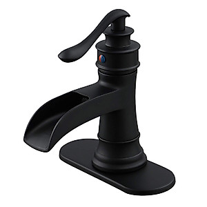 BWE Black Bathroom Faucet Matte Waterfall Sink Farmhouse Bath Vanity Single Hole Bundle with Kitchen Sink Faucet with Deck Plate Matte Black with Pull Down Sprayer 3 Spray Modes