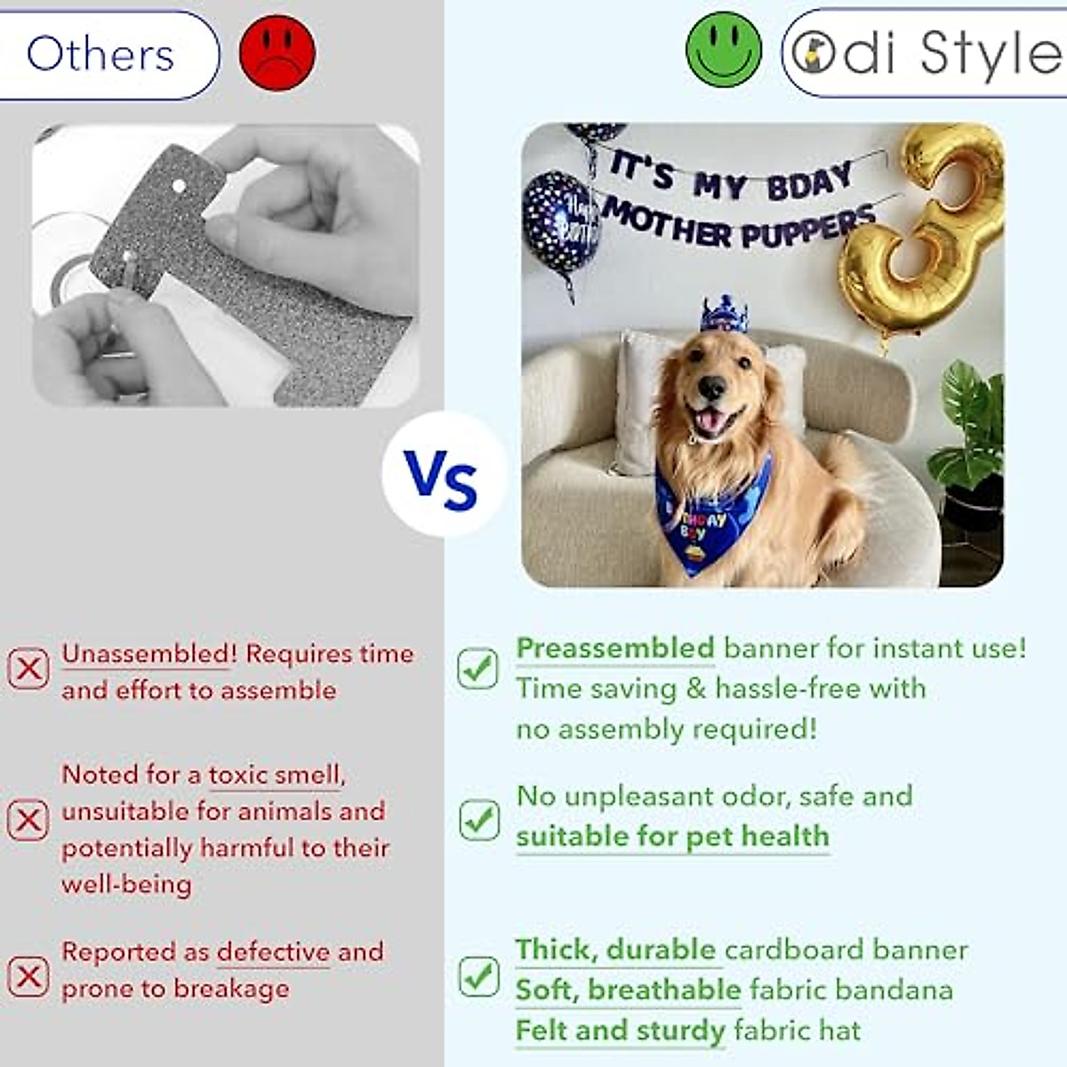 Odi Style Dog Birthday Party Supplies - Dog Birthday Bandana Set - Birthday Boy Bandana for Medium, Large Dogs, Party Hat, Crown and Cute Dog Birthday Banner with It's My Birthday Mother Puppers Sign