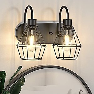 Elibbren Bathroom Vanity Light Fixtures, 2-Light Bathroom Lighting Fixtures Over Mirror with Cage, E26 Base Black Farmhouse Wall Sconces for Bedroom Living Room, UL Listed