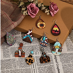 TOBENY 9 Pairs Western Earrings for Women Cowgirl Cowboy Earrings Set Boho Vintage Turquoise Cow Printed Leather Wooden Teardrop Dangle Earrings Western Jewelry for Women