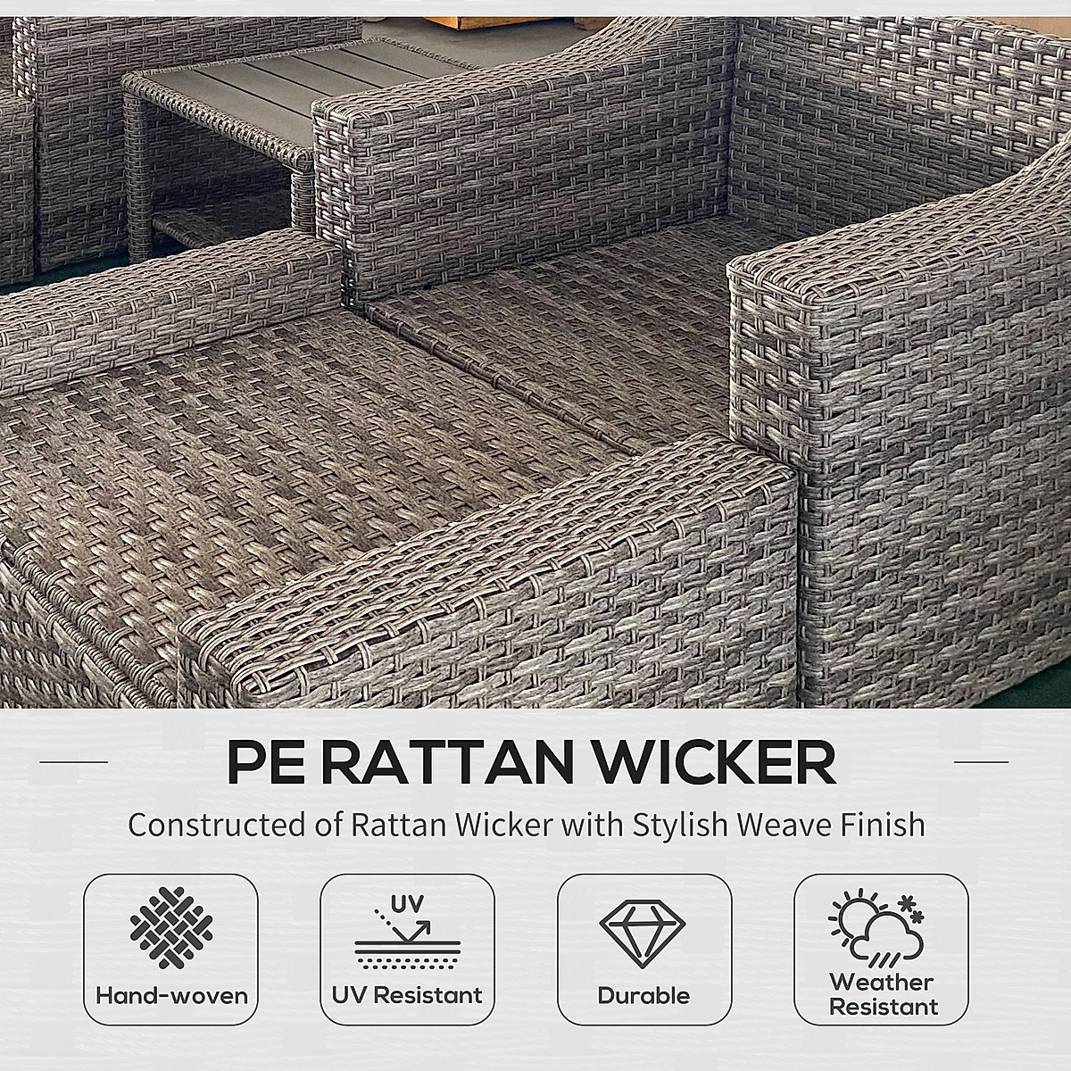 Outsunny 5 Piece Patio Furniture Set, All Weather PE Rattan Conversation Chair, and Ottoman Set with Coffee Table, Cushions & Pillows Included for Balcony, Porch, Deck, Pool, Lawn, Gray