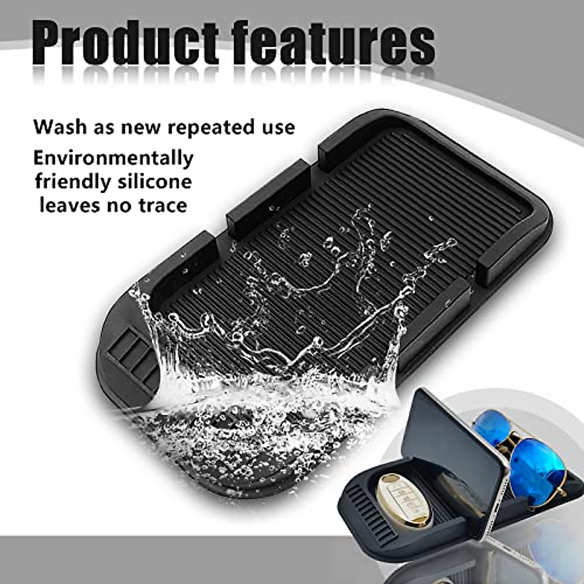 Car Dashboard Cell Phone Holder, Anti-Slip Pad Double-Groove with Number Plate Auto Silicon Tray, Silicone Car Pad Mat for Various Dashboards,Phone GPS Keychains Sunglasses Mat