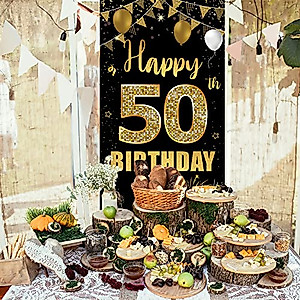 50th Birthday Door Banner Backdrop, Black Gold Happy 50th Birthday Decorations Women Men, 50 Years Birthday Photo Booth Props, Fifty Birthday Party Sign Decor for Outdoor Indoor Sturdy, Vicycaty