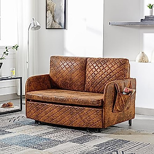 HomSof, Coffee Convertible Sleeper Sofa Modern Loveseat Couch with Pull Out Bed, 2 Pillows and Side Pockets, with Drawer