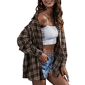 Zontroldy Brown Plaid Flannel Shirt Women Oversized Long Sleeve Button Down Buffalo Plaid Shirt Blouse Tops (0228-Coffee-L)