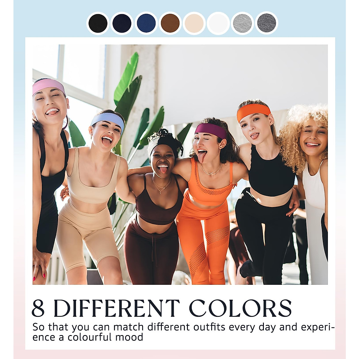 Headbands for Women 8-Pack Vibrant Yoga & Sports Sweat Headbands - Cotton Stretchy Non-Slip Hair Bands (Black,Navy Blue,Blue,Brown,Khaki,White,Light Floral Gray,Dark Floral Gray,Set1)