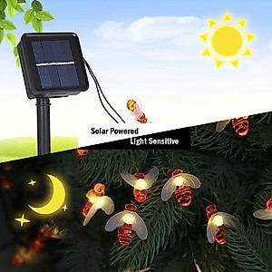 Tomshine Upgraded Solar String Lights Outdoor Waterproof 50 LED Solar Bee Fairy Lights 22.6ft 8 Lighting Modes with Control & Sensitive Light Sensor for Garden, Patio, Yard, Lawn (Warm White)