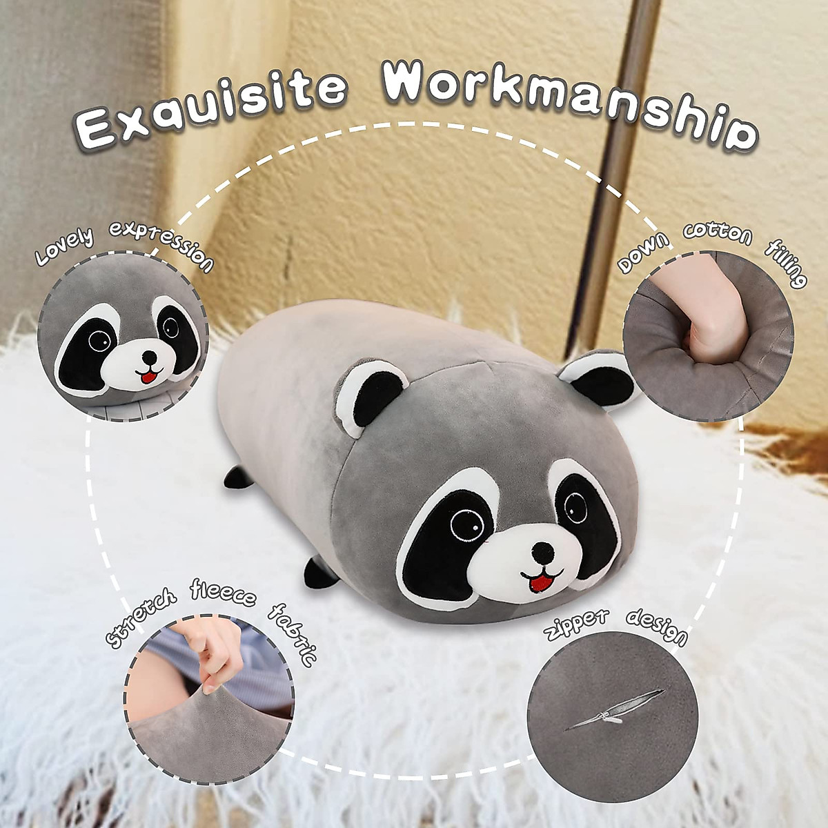JIEBEI Cute Raccoon Plush Pillow, Raccoon Stuffed Animals, Soft Kawaii Plushies Cuddle Pillow, Cute Plushies Birthday Gifts for Kids (Raccoon,19 inch)