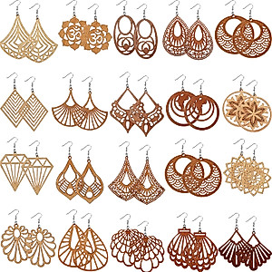Hicarer 20 Pairs African Wooden Dangle Earrings Drop Earrings Boho Pendant Dangle Earrings Jewelry Natural Wooden Dangle Earrings for Women(Boho Style)