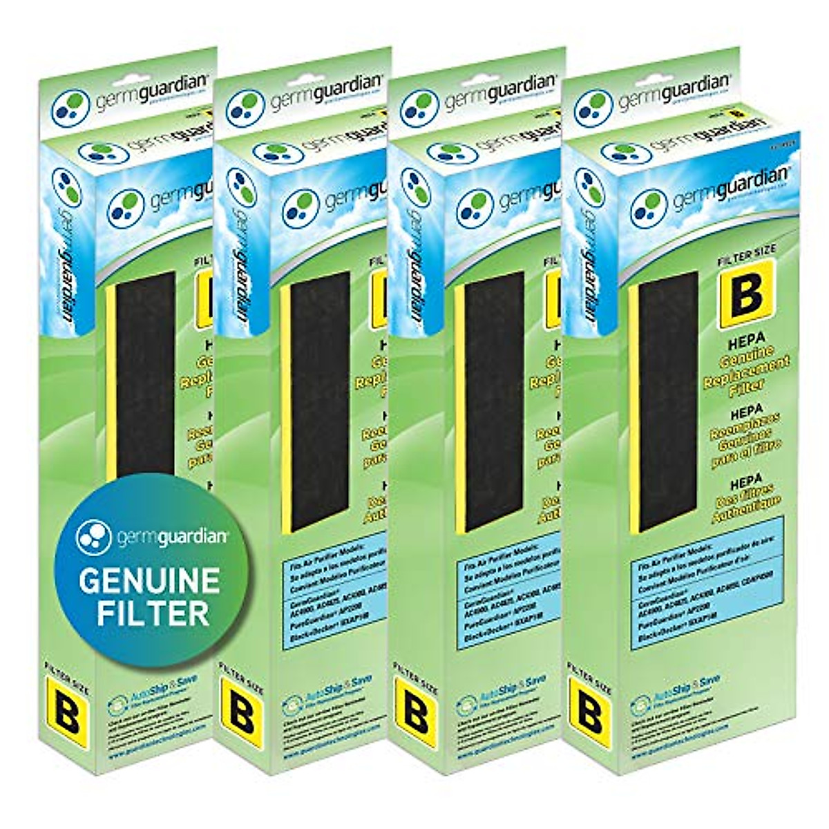 Germ Guardian FLT48254PK GermGuardian FLT4825 HEPA Replacement Filter B, Air Purifiers, 4 Pack, Grey, Black & LB4000 Genuine UV-C Replacement Bulb Germ Guardian Air Purifiers