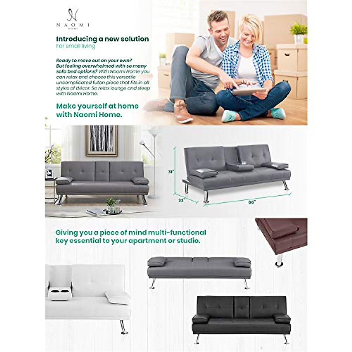 Futon Sofa Bed, Faux Leather Futon Couch with Armrest and 2 Cupholders, Pull Out Sofa Bed Couch Convertible with Metal Legs, Folding, Reclining Small Couch Bed, Futon Bed for Living Room - White