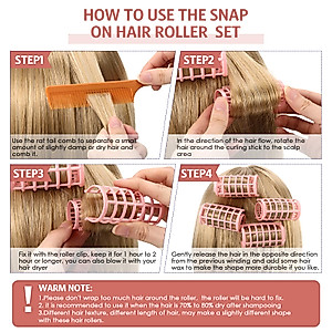 Syhood 12 Pieces Snap Hair Roller, Large Size Plastic Hair Rollers Curlers with Rat Tail Comb for Hairdressing Styling Tools(6.8 x 3 cm,Peach Color)
