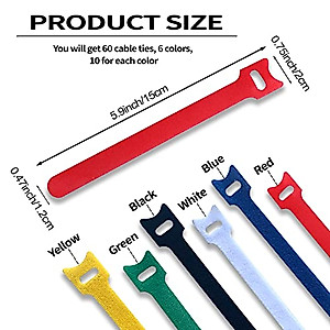 WFAUIBR 60PCS Cable Management ，Fastening Cable Ties Reusable，velcro straps，cord organizer，Multi-Purpose Adjustable Cord Organizer， Office Electric Wires, Assorted Colors