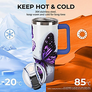 40 Oz Vacuum Tumbler with Deep Blue Handle Leakproof Insulated Tumbler White Purple Butterflies Stainless Steel Travel Mug with Lid And Straw Coffee Cup Cute Water Bottles Cup Holder Friendly