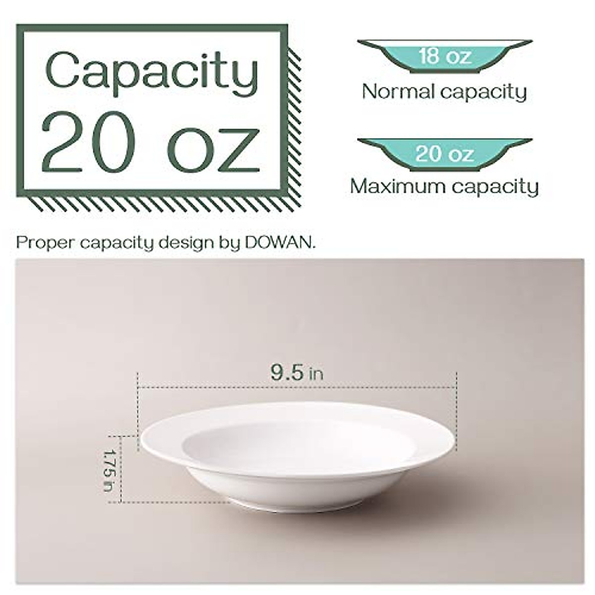DOWAN Soup Bowls, Pasta Bowls Plates, White Salad Bowls Set of 4, Porcelain Wide Rim Bowls, 20 Ounces, Microwave & Dishwasher Safe