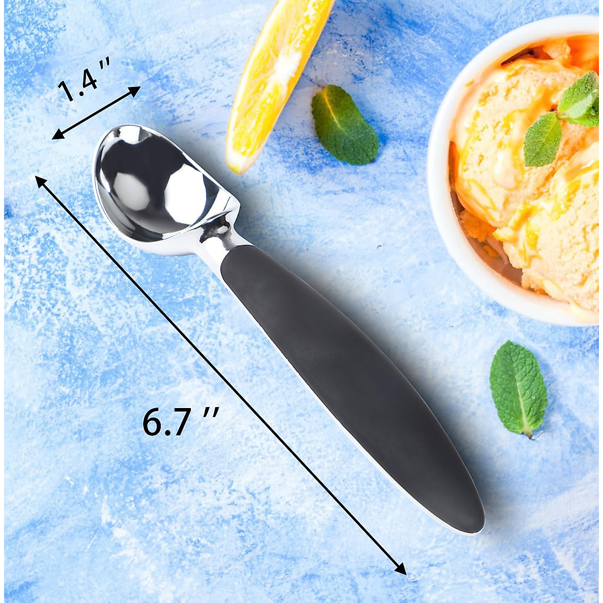 2Pack Ice Cream Scoop - Comfortable Stainless Steel Icecream Scooper With Non-Slip Rubber Grip, Ice Cream Spade Great for Sorbet, Almon,Cookie Dough, Melon (Black&Zinc)