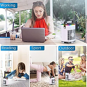 JUDRT Portable Air Conditioners, Mini Evaporative Air Cooler, 4 in 1 Upgraded Personal Desk Fan with 7 Colors Light, Powerful 4 Speeds & Cool Air Sprays Humidify AC for Room Office Table Home School