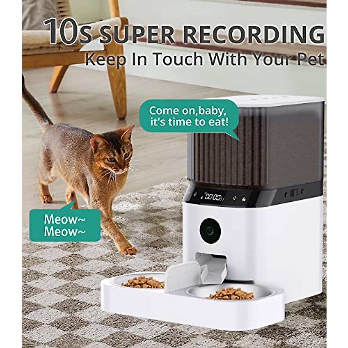 Automatic Cat Feeders with Camera,1080P HD Night Vision 2.4G WiFi 5L Pet Feeder,Height Adjustable Dog Dry Food Dispenser,Two Way Splitter & Three Stainless Bowls,10s Meal Call & Interaction (White)