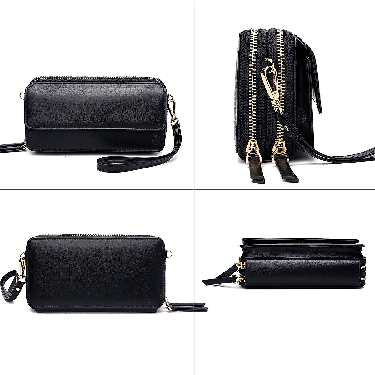 Women Crossbody Wallet RFID Blocking Cell Phone wristlet Purse with shoulder strap Ladies small cross body bag (Black)