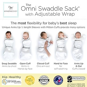 Amazing Baby 6-Way Omni Swaddle Sack for Newborn, Transitional Swaddle Sack with Wrap & Arms Up Sleeves & Mitten Cuffs, Easy Swaddle Transition, Better Sleep, Gray Stars, Small, 0-3 Months