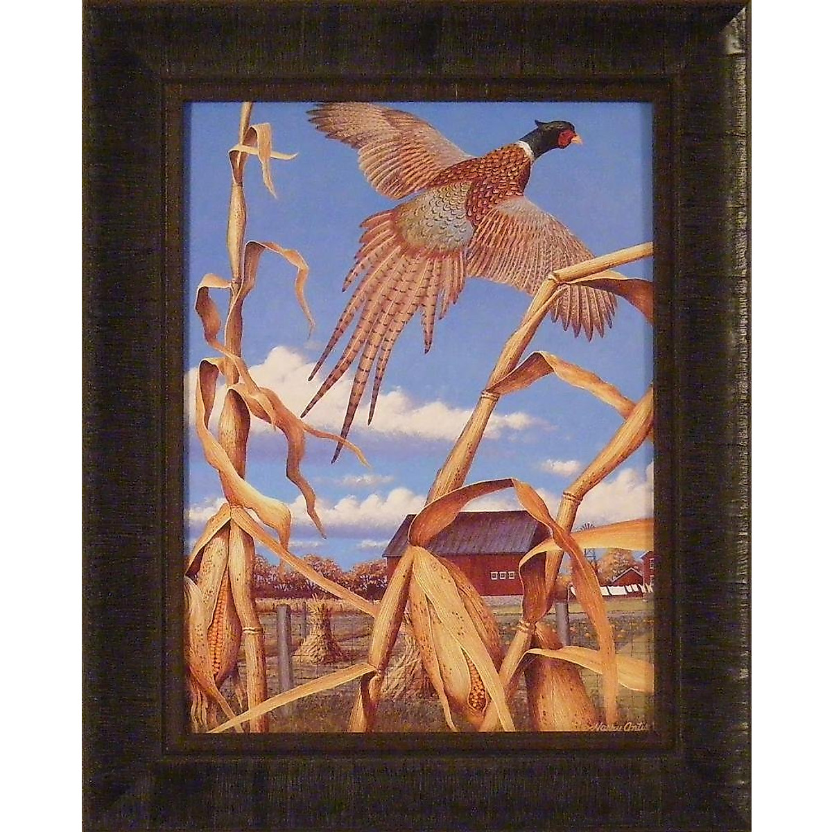 Home Cabin Décor Indian Summer Pheasant by Harry Antis 17x21 Red Barn Farm Corn Stalks Bird Framed Art Print Picture