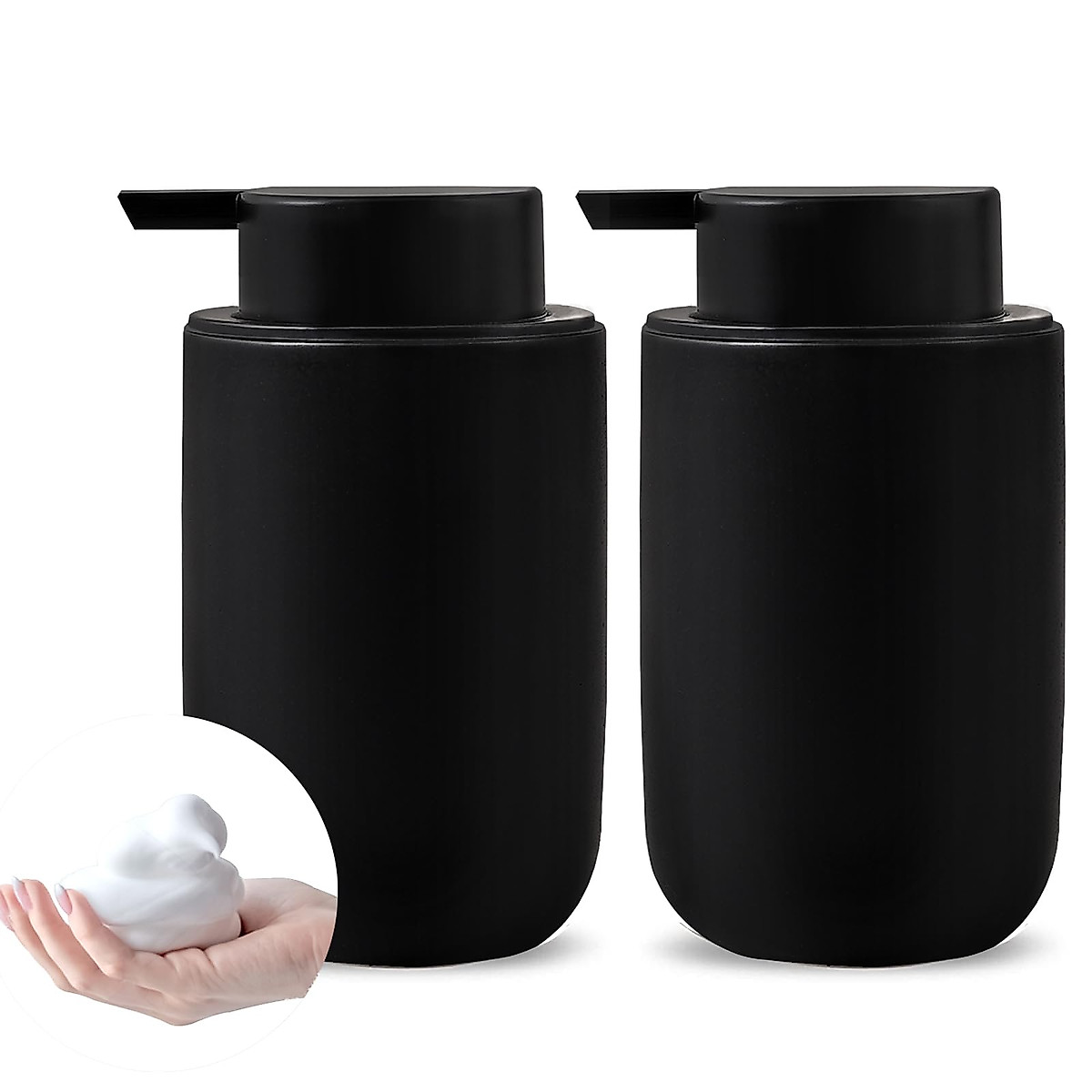 Foam Soap Dispenser Set - 2 Pack Black Ceramic Foaming Dish Hand Soap Dispenser with Black Pump for Bathroom, Bathroom Dispenser Set for Modern Home Farmhouse Decor