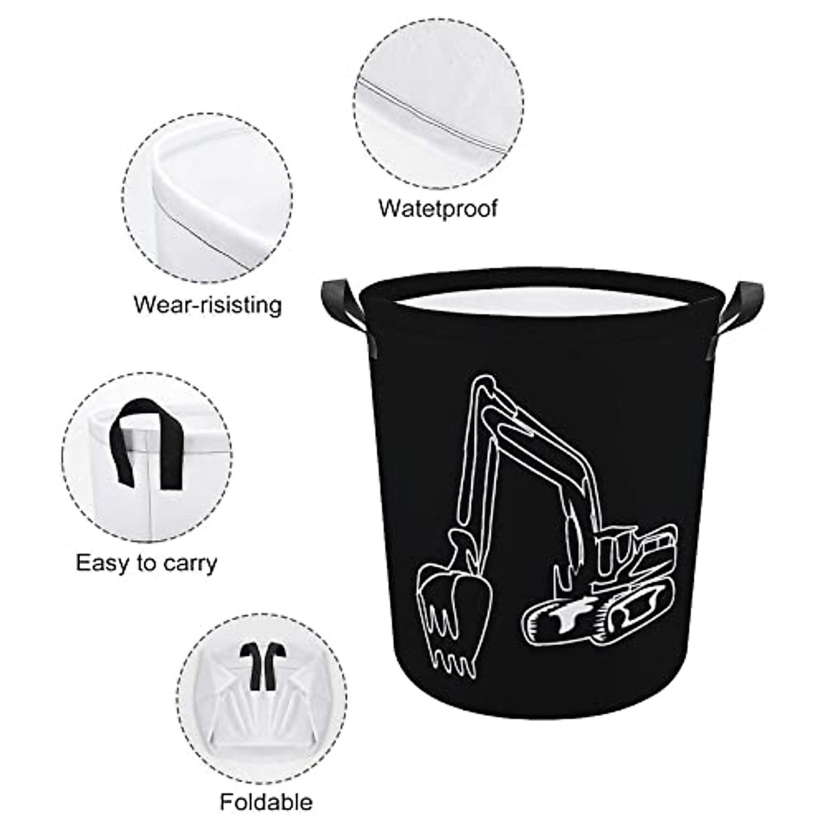 Excavator Operator Foldable Laundry Basket Waterproof Hamper Storage Bin Bag with Handle 16.5"x 16.5"x 17"